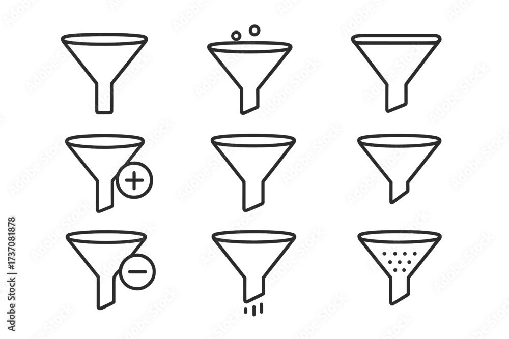 Vector de Stock Filter and funnel thin line icon set. Data sorting ...