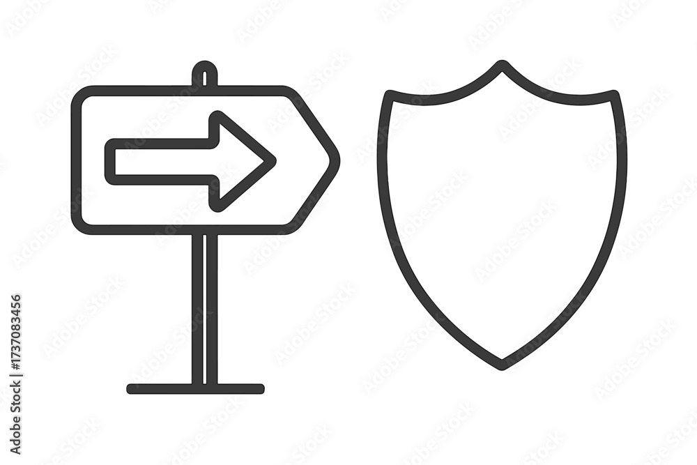 Directional arrow sign and shield icon. Concept of a safe journey ...