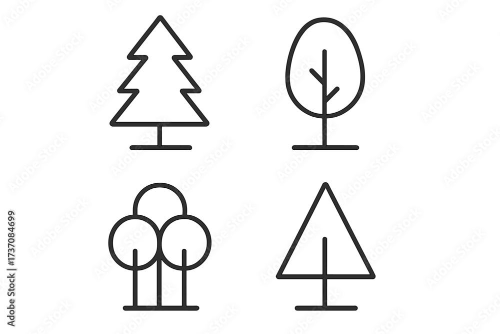 Minimalistic linear tree icons set with pine, round, and triangular ...