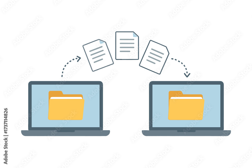 File transfer vector concept. Two laptops with folders on screen and transferred documents. Copy ...