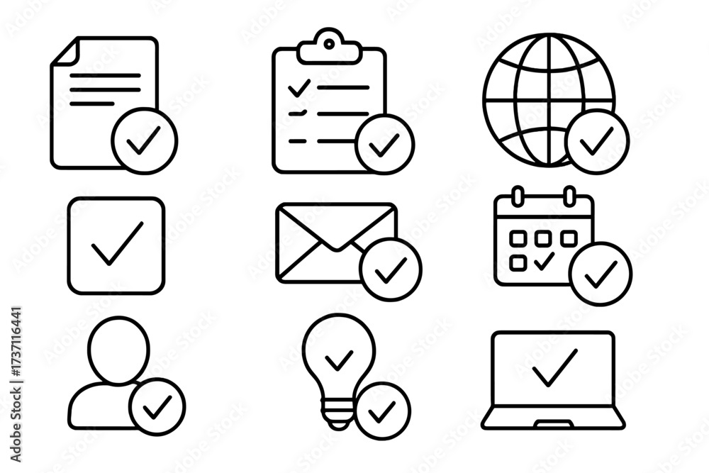 Check mark icon set. Approve, confirm, and complete symbols. Document ...