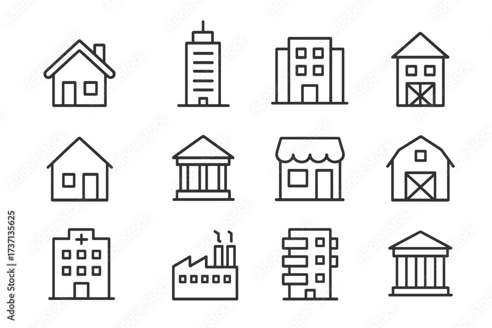 Building line icon set. Real estate and city architecture symbols ...