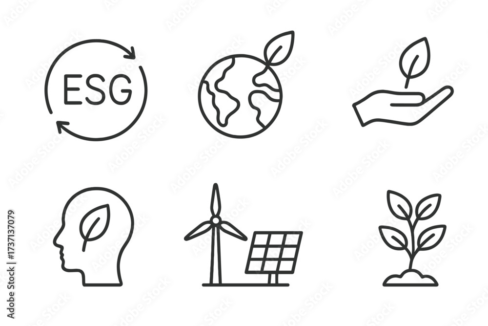 ESG icon set for Environmental, Social, and Governance. Line art ...