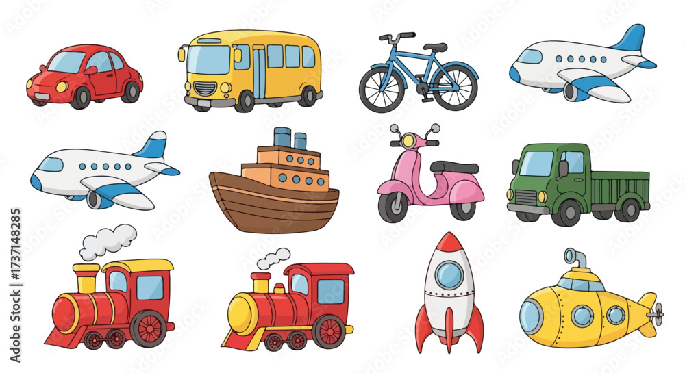 Cute Cartoon Vector Icons of Diverse Transportation Vehicles Collection ...