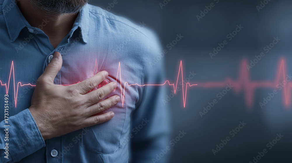 Person clutching chest with heartbeat trace illustrating cardiac ...