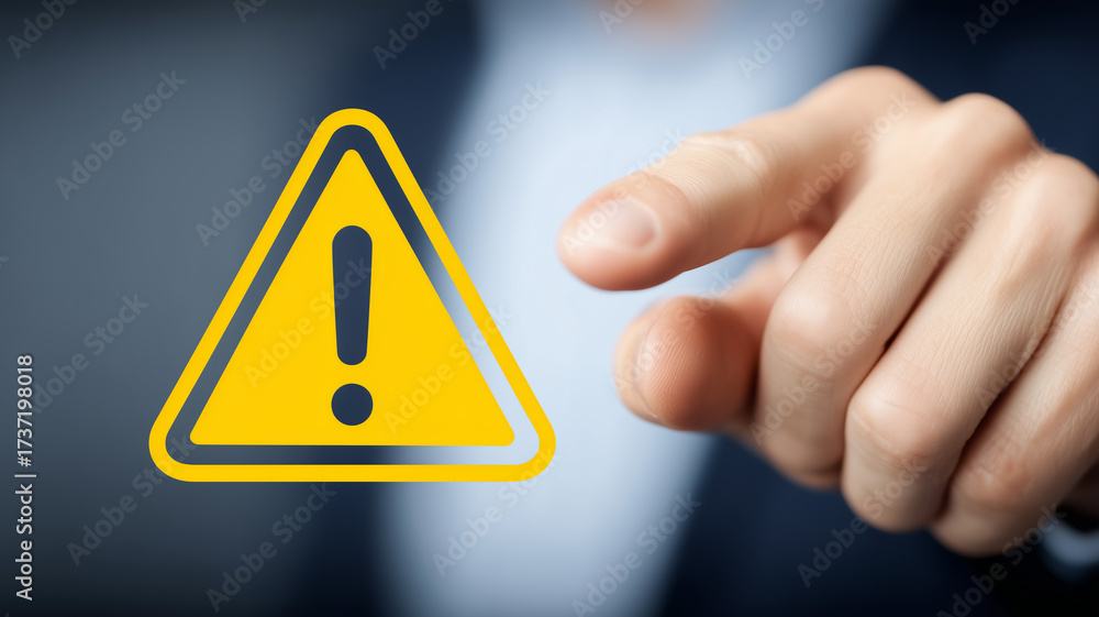 Hand pointing at a caution triangle sign, communicating risk awareness ...