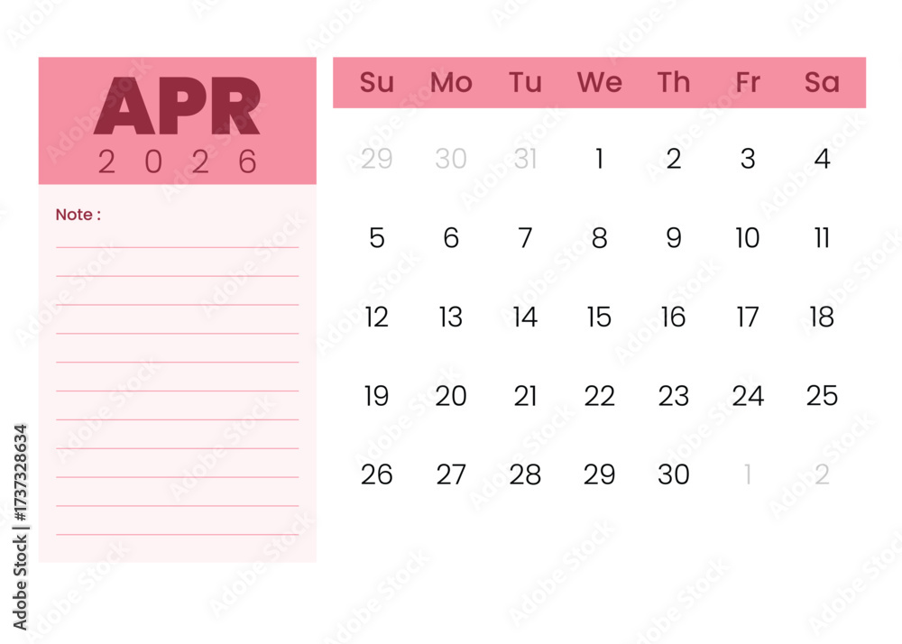 April Monthly Calender Template for 2026 Stock Vector | Adobe Stock