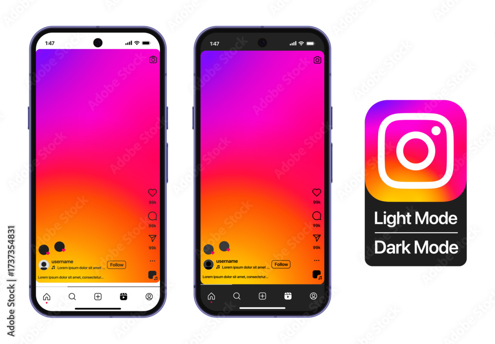 Instagram reels mockup light mode and dark mode. Mobile app UI template ...