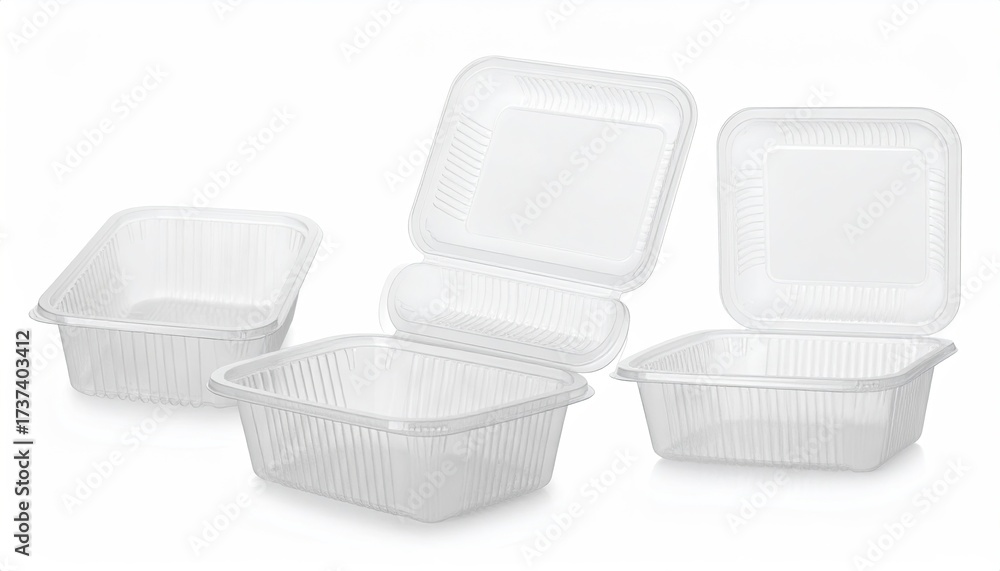 Group of clear, disposable, plastic food containers, various positions ...