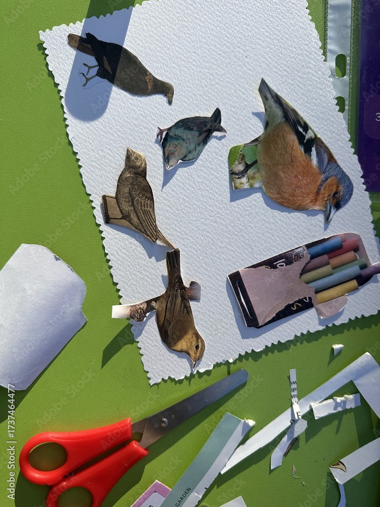 Cut-out elements from magazines are glued onto paper in a collage ...