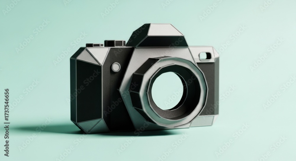 Low-Poly Papercraft Camera on Light Blue Background with Detailed ...