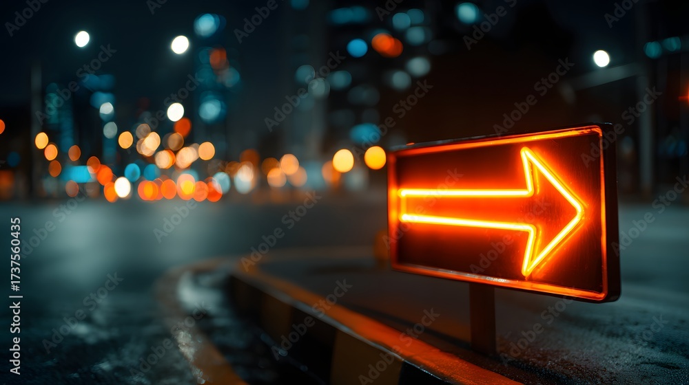 Illuminated directional arrow sign points right at night, with blurred ...