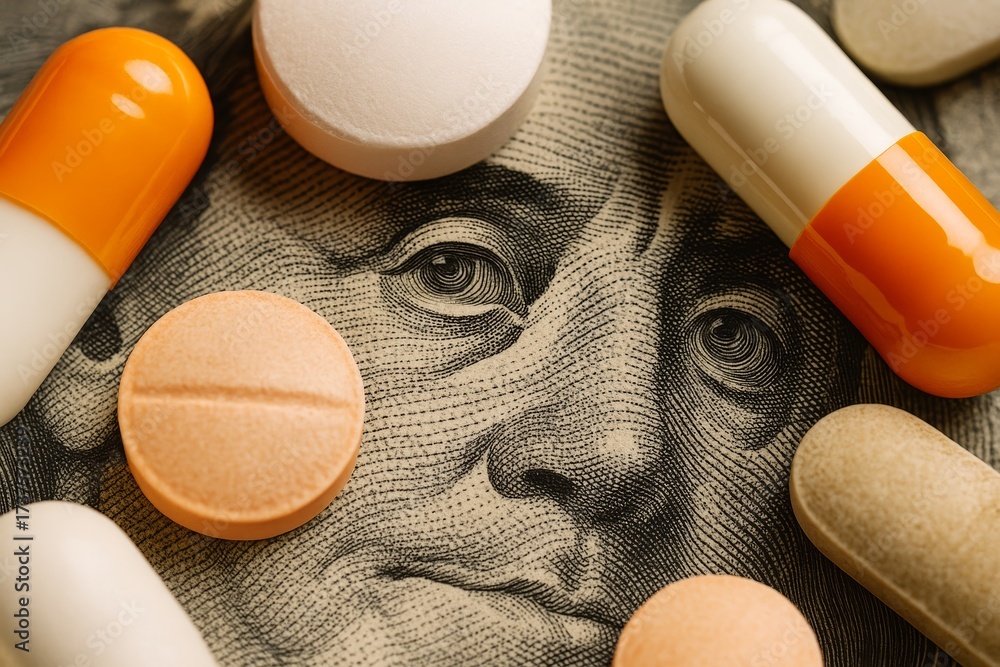 Pills and capsules on U.S. currency background symbolizing ...