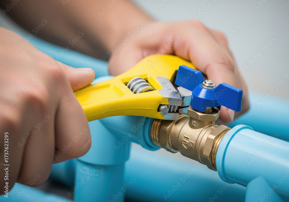 Plumber tightening blue PVC pipe connection with wrench Stock Photo ...