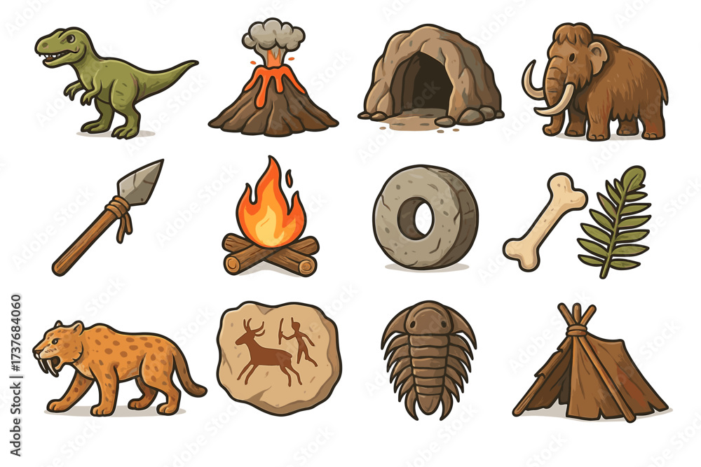 Prehistoric icons collection featuring dinosaurs, mammoths, and early ...