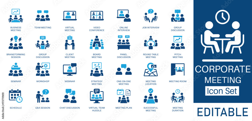 Corporate Meeting solid icon set. Contains symbols for Virtual Meeting ...