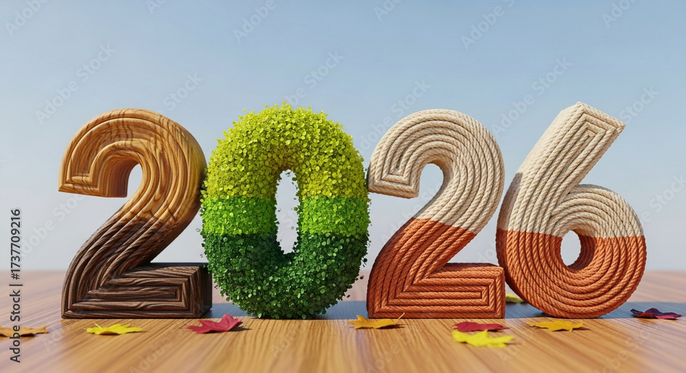 Crafted 2026 numbers with unique textures and autumnal leaves on a ...
