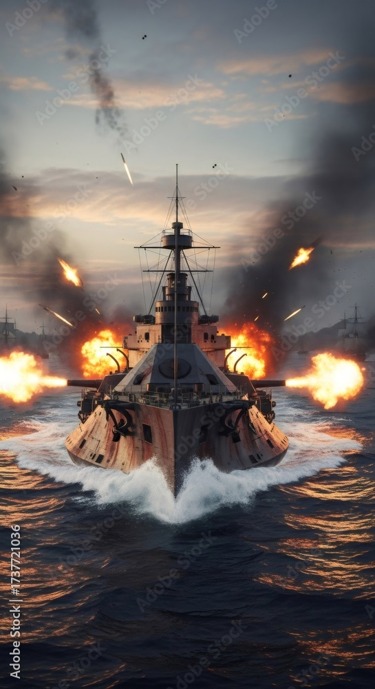 Warship firing main guns in naval battle. Battleship engaged in combat ...