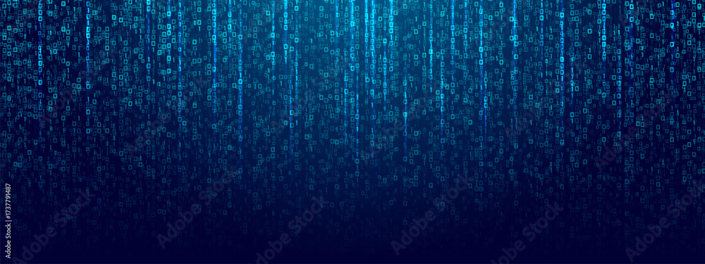 Binary code rain background in blue. Abstract matrix effect with flowing numbers 0 and 1 ...