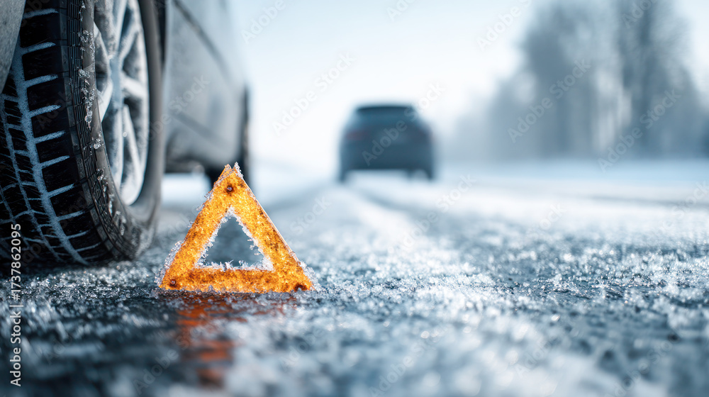Warning triangle placed on icy road beside vehicle, highlighting winter ...