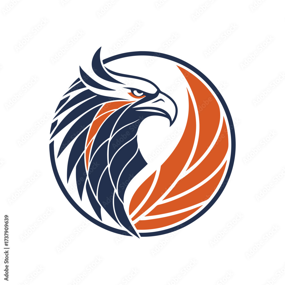 Fierce phoenix head emblem with bold orange and navy blue wings Stock ...