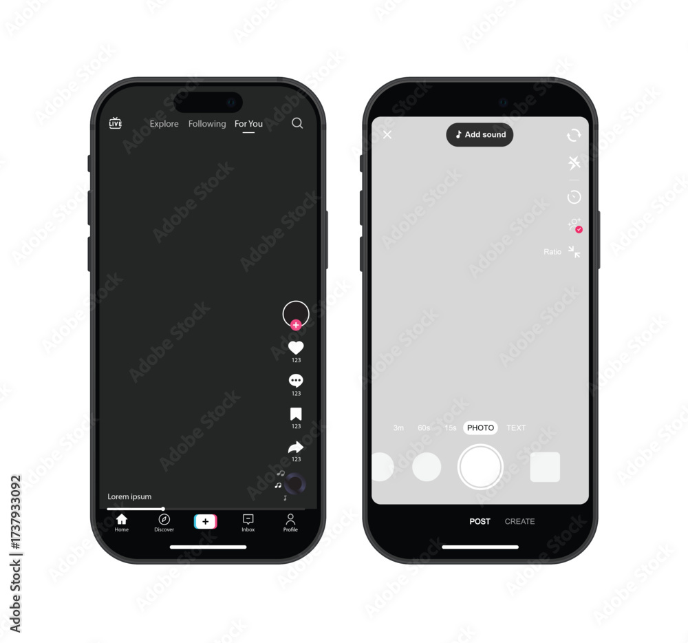 TikTok is app to create and share videos. Tik Tok Screen interface and ...