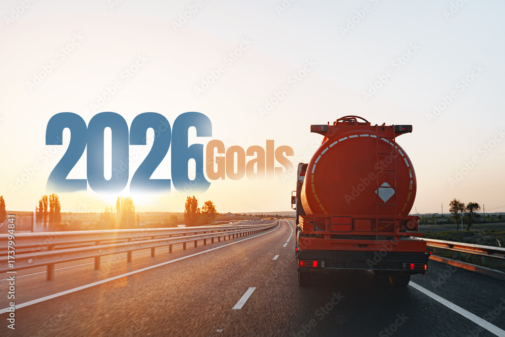 Driving towards goals in 2026 on an open highway during sunset Stock ...