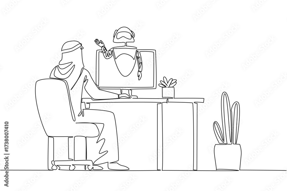 Continuous one line drawing Arab man sits facing monitor that comes out ...