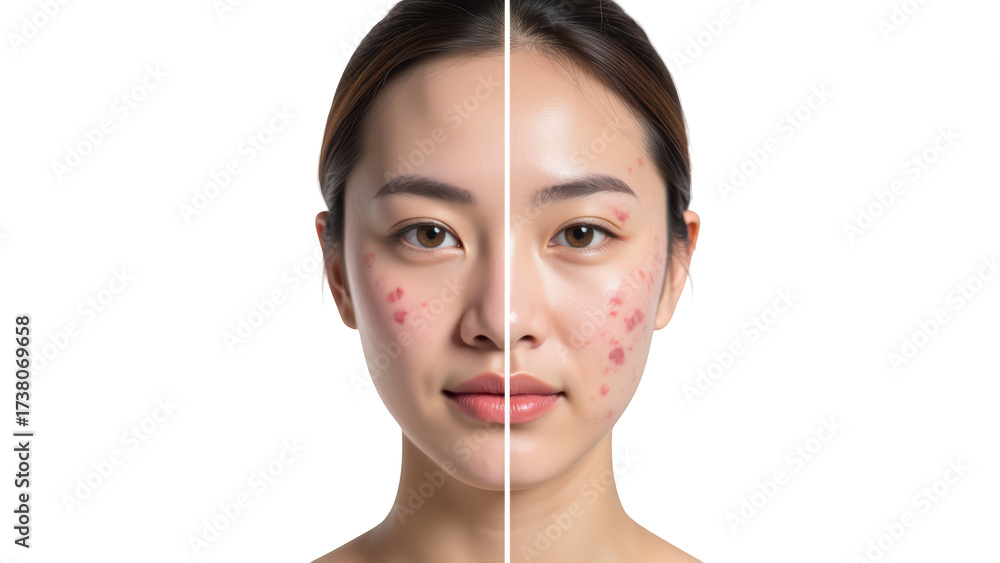 Split image showing woman face with clear skin on one side and skin ...