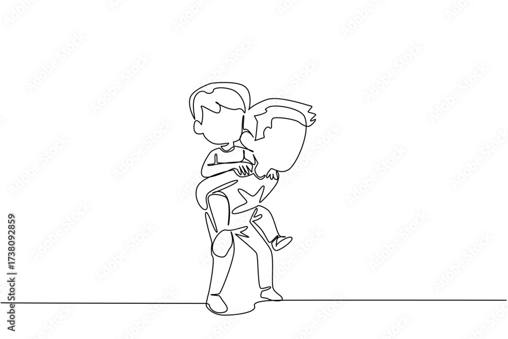 Continuous one line drawing older brother carrying younger brother on ...