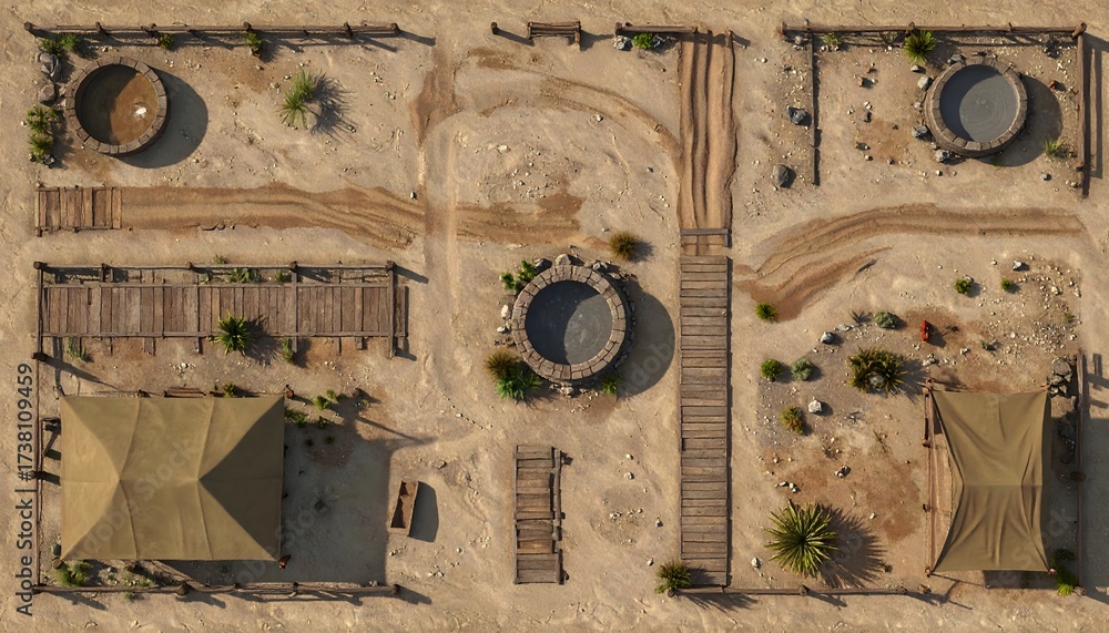 Стокова ілюстрація Orthographic desert outpost map with wooden walkways ...