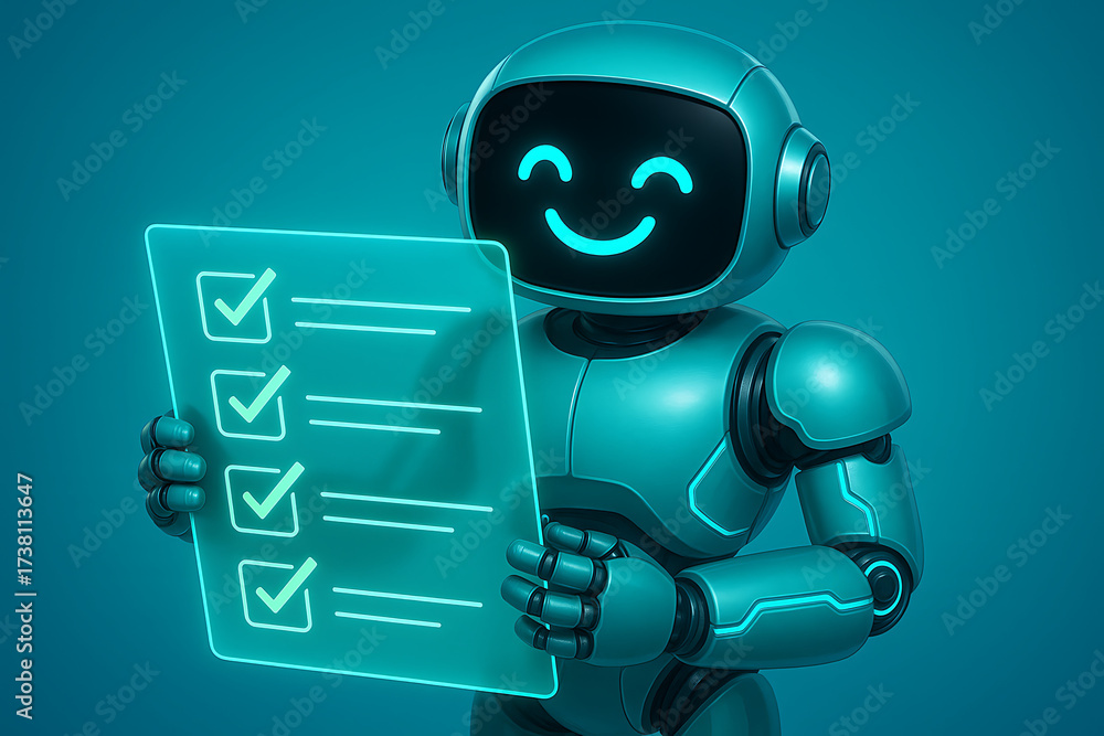 Teal robot with a smiling face screen holding a glowing checklist ...