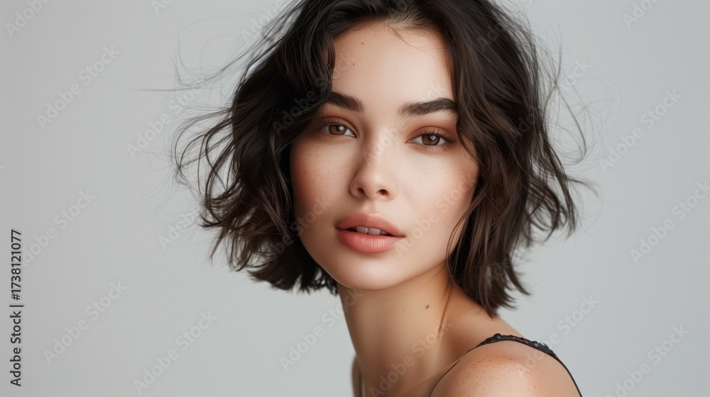 Professional studio portrait of a model with collarbone-length lived-in ...
