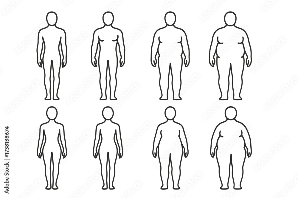 Male female body shape types icon set. Man and woman from thin to fat ...