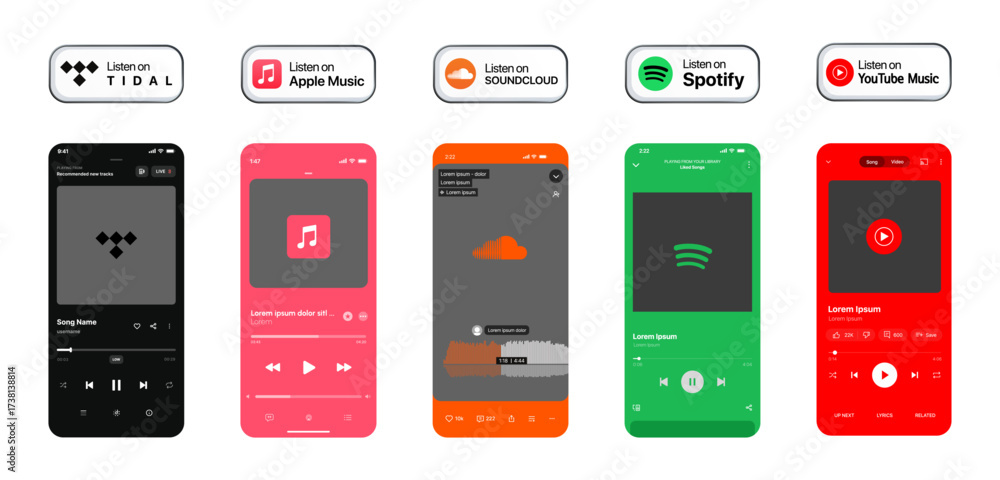 Music streaming app UI mockup set – Tidal, Apple Music, SoundCloud, Spotify, YouTube Music ...