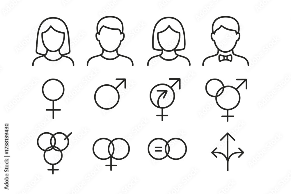 Gender diversity thin line icon set, male female face avatars, sexual ...