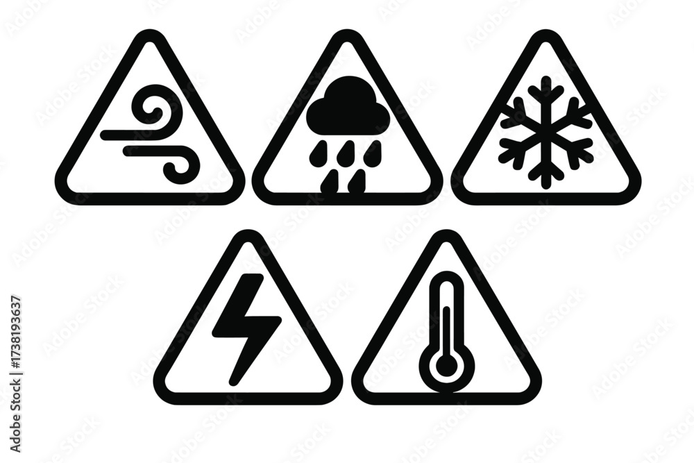 Set of weather and hazard warning signs with symbols for wind, rain ...