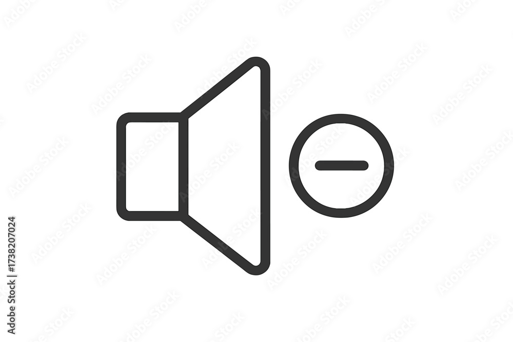 Volume decrease icon, thin line vector speaker symbol with minus sign, lower sound control ...