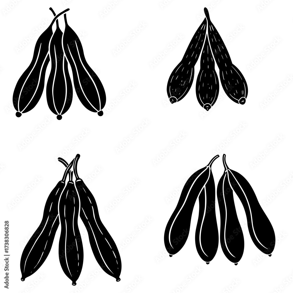 Four stylized black and white illustrations of clustered seed pods with ...