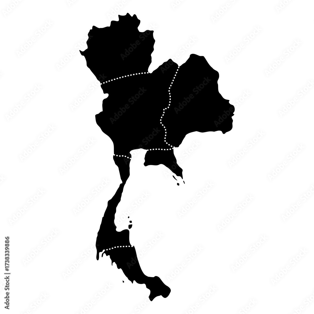 Thailand regional borders map. Black silhouette of Thailand with ...