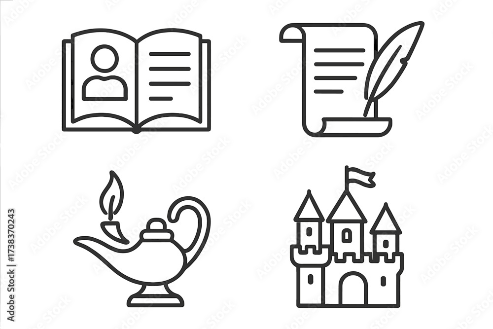 Storytelling and fantasy vector icon collection. Line art set with open ...