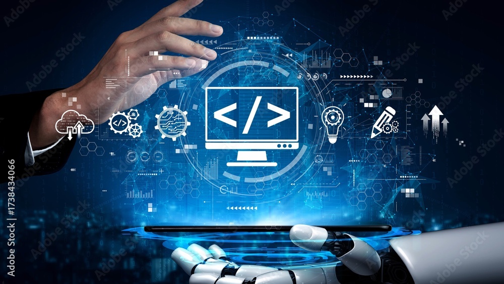 Modern web development concept featuring coding symbols, web ...