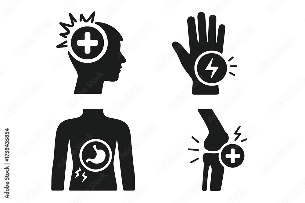 Body pain and injury icon set. Medical and healthcare glyphs. Headache ...