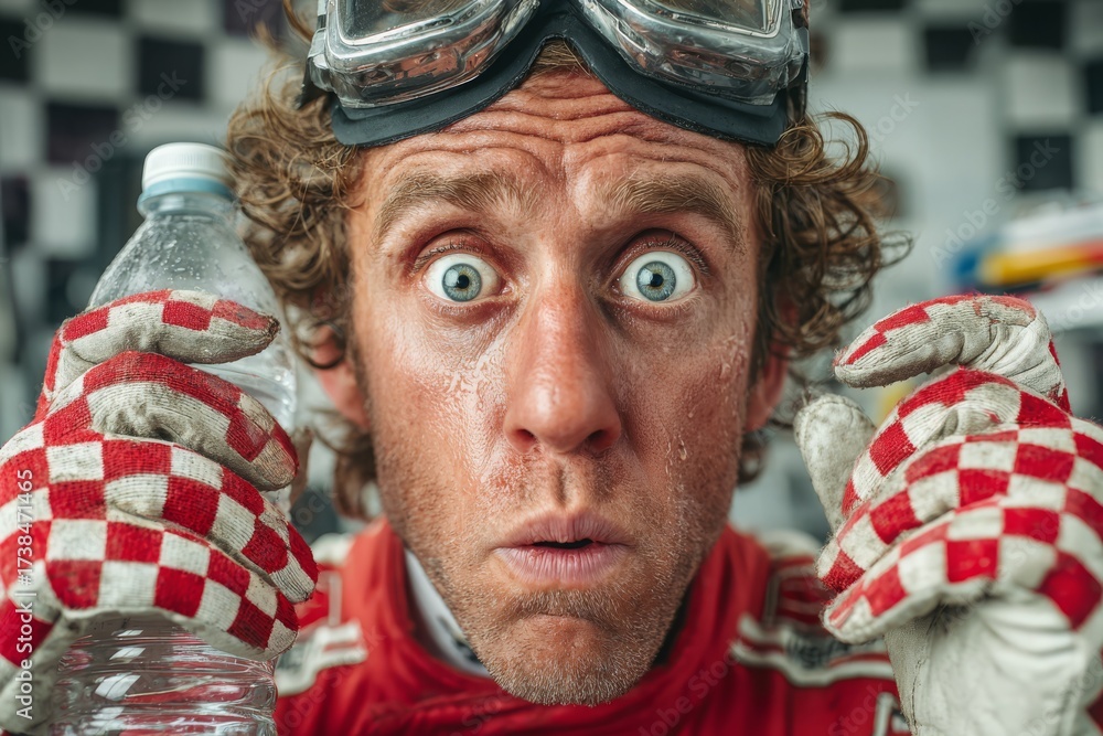 A close-up portrait of a surprised racing driver, wearing goggles and ...