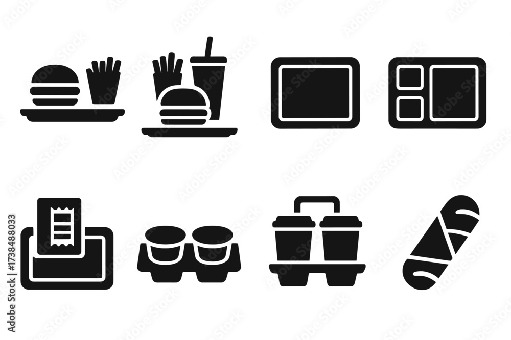 Fast Food Tray Icons. Solid, filled icon set of fast food serving trays ...