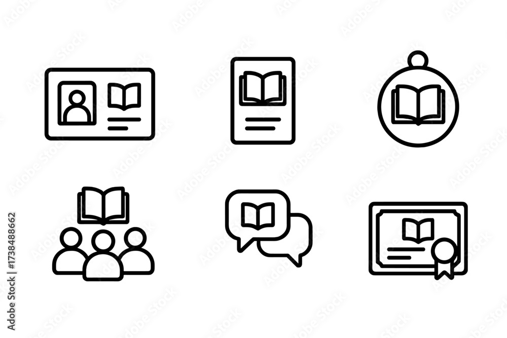 Book Club Icons. Outline icon set of book club membership: ID card ...