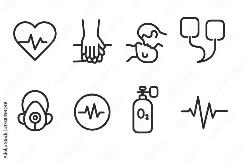CPR and First Aid Icons. Outline icon set of CPR and resuscitation ...
