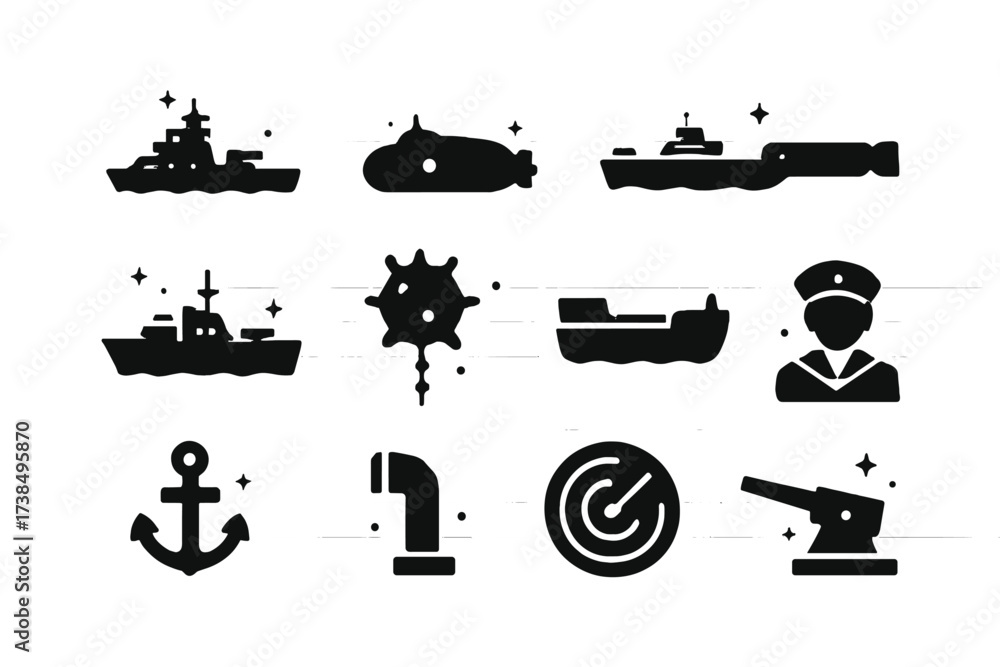 Naval Warfare Icons. Naval assault. Solid icons set of battleship ...