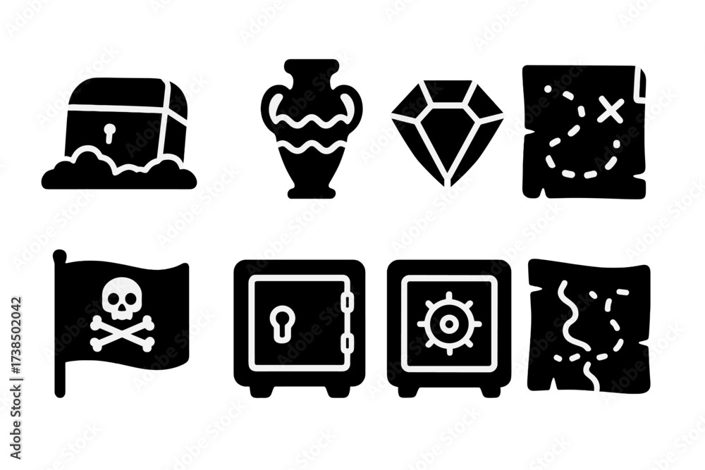 Black Treasure Icons. Solid, filled icon set of hidden treasures ...