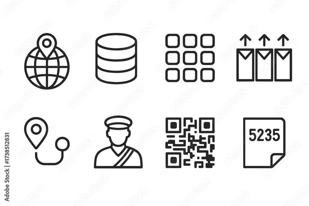 Postal System Icons. Outline icon set of postal codes system: globe ...